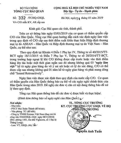 CO cấp sau 3 ngày tàu chạy Issued Retroactively các form